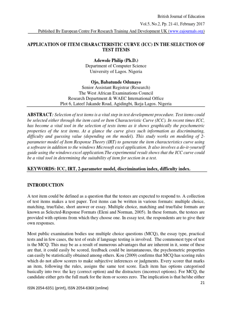 Application of Item Characteristic Curve ICC in The Selection of Test ...