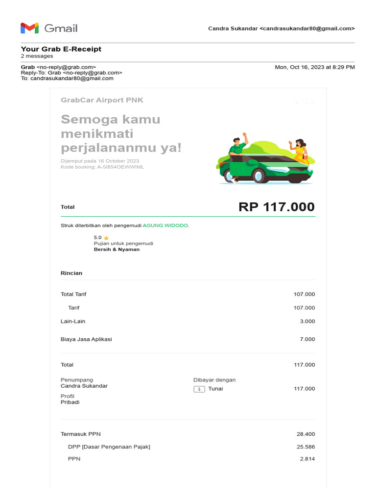 Gmail - Your Grab E-Receipt Bandara Hotel Ibis Ponti | PDF