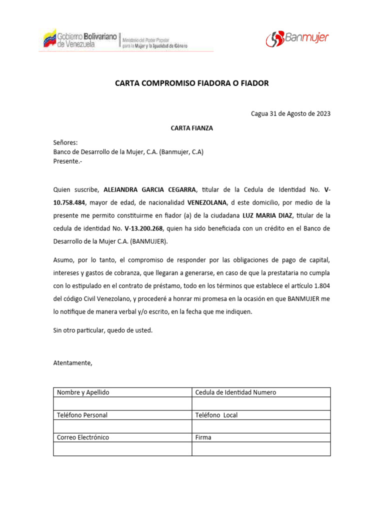 Carta Fiador Banmujer | PDF