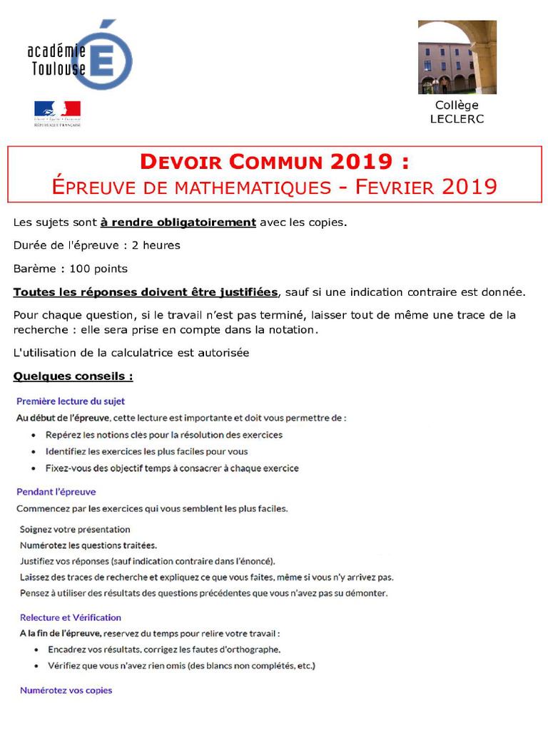 Devoir Commun College Leclerc Fevrier 2019 | PDF