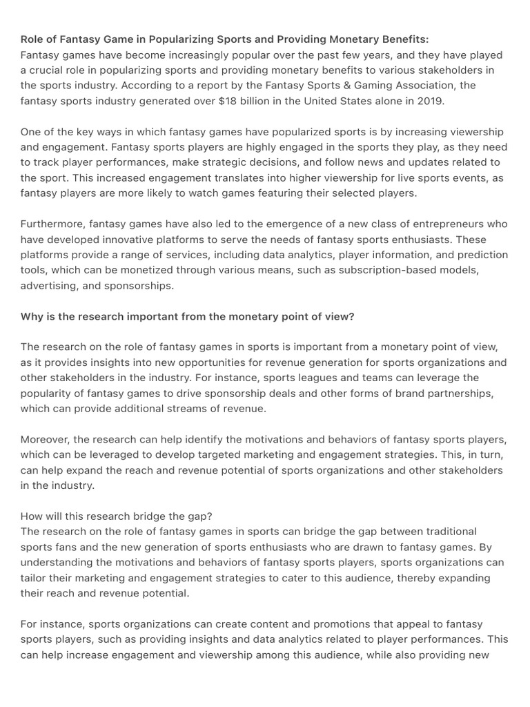 Role of Fantasy Game in Popularizing Sports and Providing Monetary | PDF