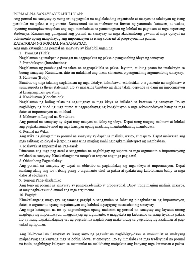 Pormal at Di-Pormal Na Sanaysay | PDF