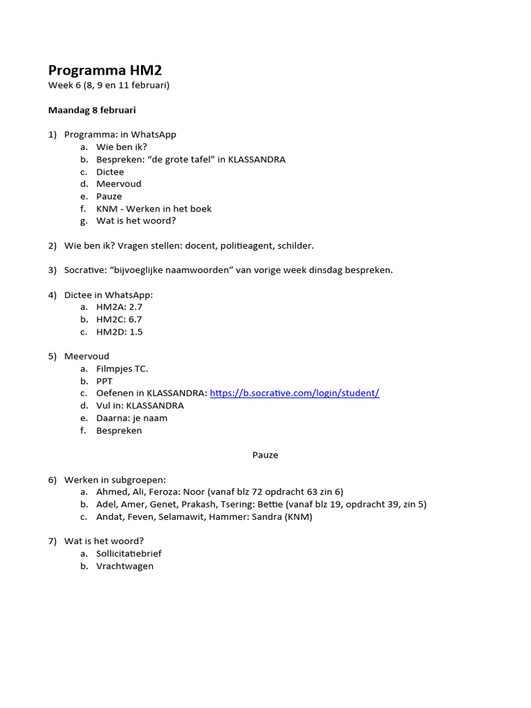 Programma HM2 Week 6 8 Febr | PDF