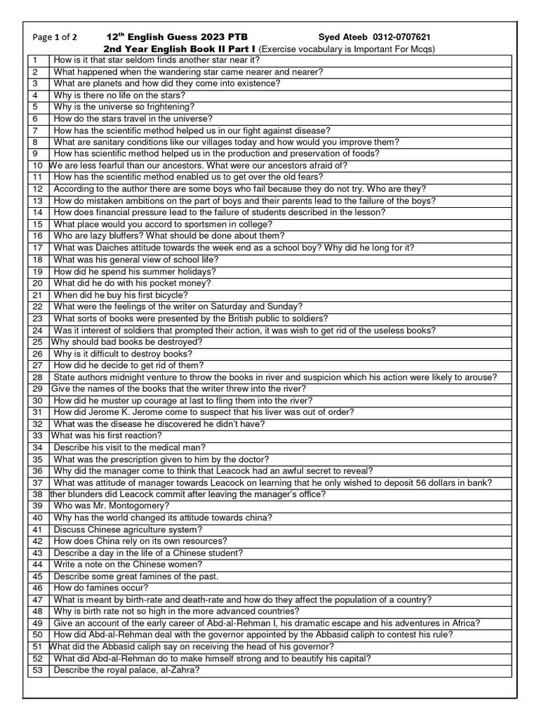 12th English Guess Paper 2023 PTB | PDF