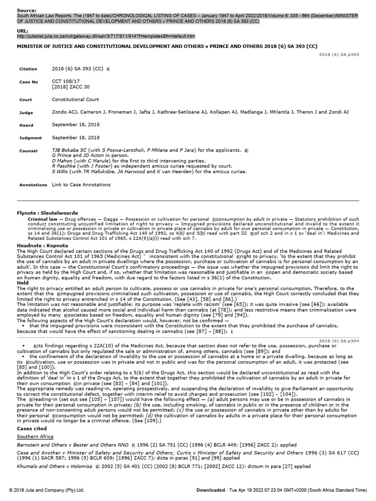 Minister of Justice and Constitutional Development and Others V Prince ...