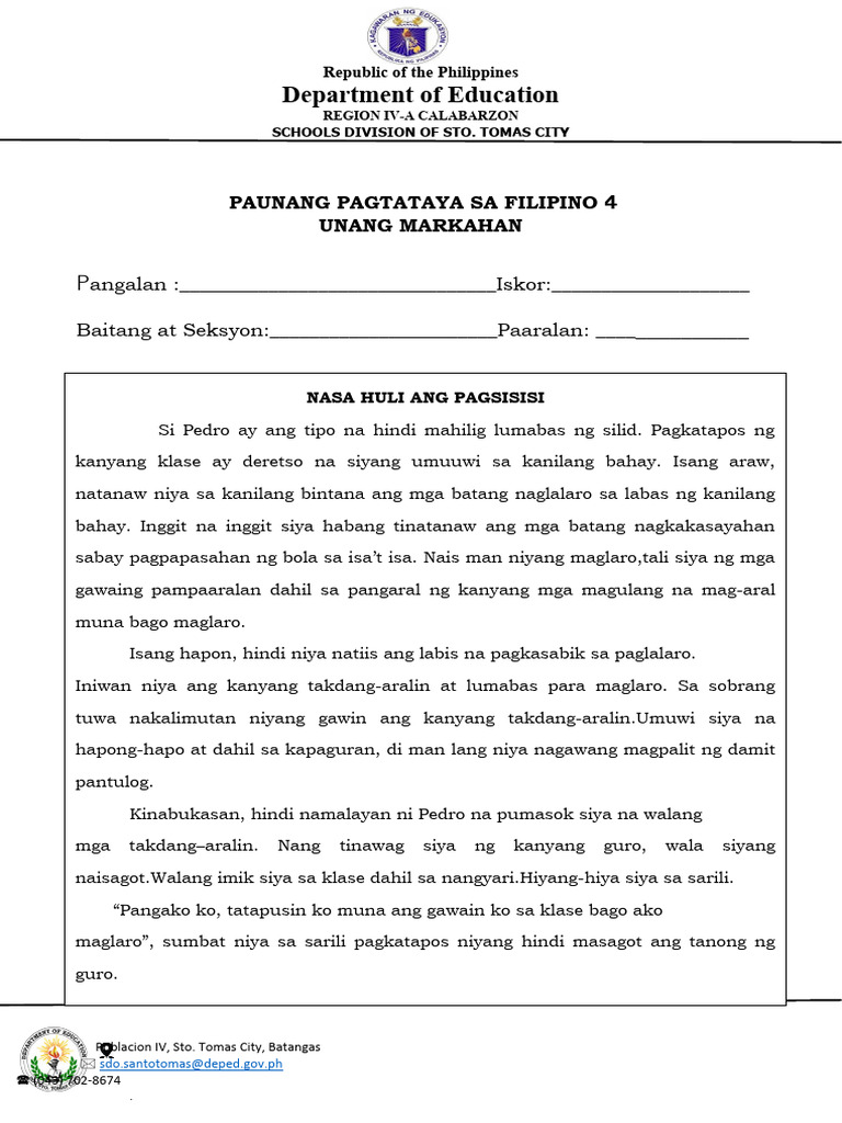 FILIPINO 4 - Assessment | PDF