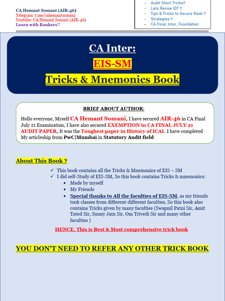 EIS SM Trick Mnemonic Book Charts by CA Hemant Somani AIR 46 | PDF