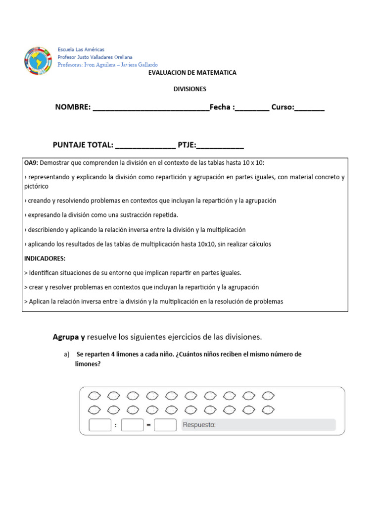 Evaluación de Matemáticas: Divisiones | PDF