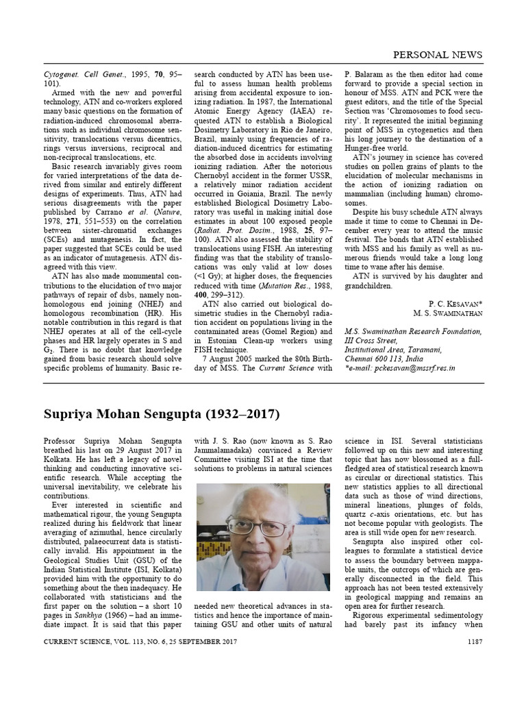 Supriya Mohan Sengupta (1932-2017) : Personal News | PDF