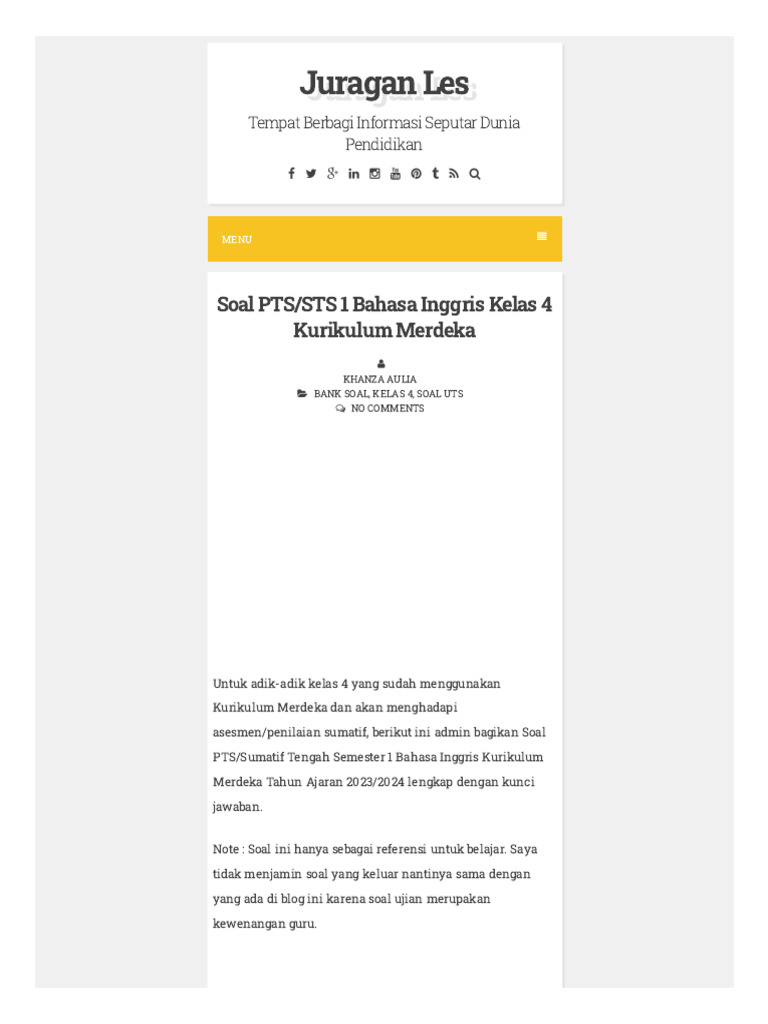 WWW Juraganles Com 2023 09 Soal Pts Sts 1 Bahasa Inggris Kelas 4 Kurikulum Merdeka HTML | PDF