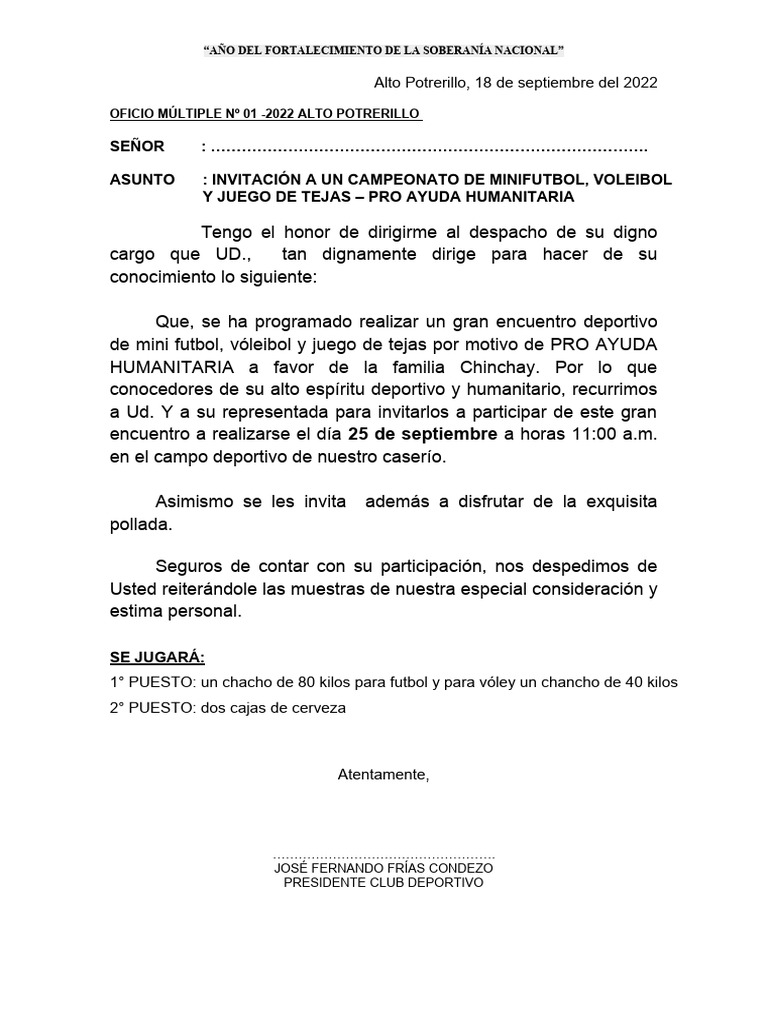 OFICIO Deporte AYUDA HUMANITARIA | PDF