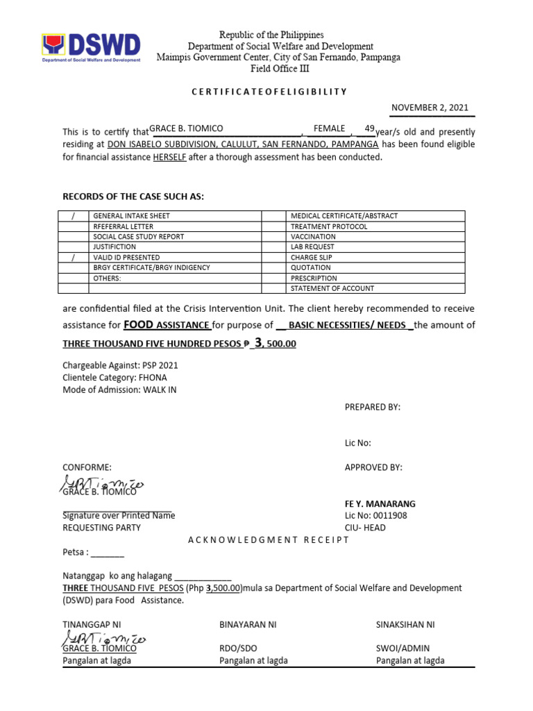 DSWD Form - Grace B. Tiomico | PDF