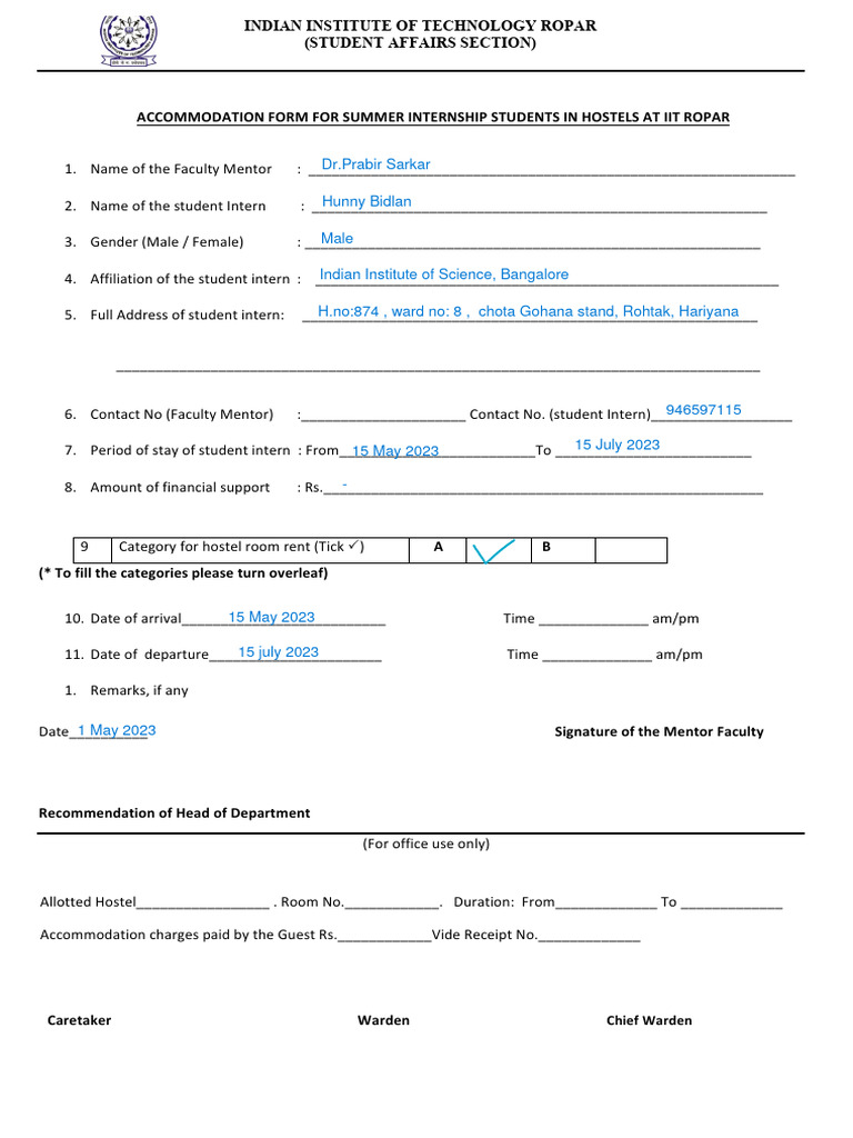 IIT Ropar Summer Internship Housing | PDF