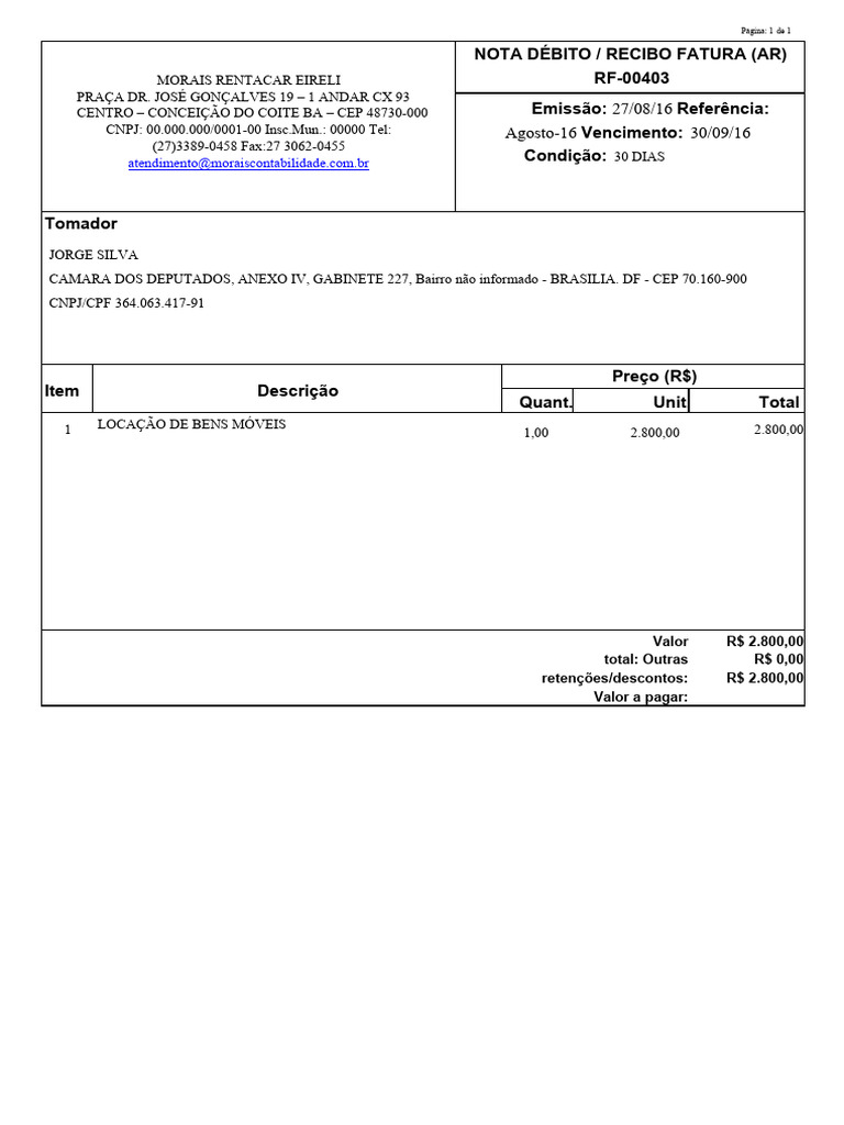 Nota Debito Recibo Fatura Locacao 2222 | PDF