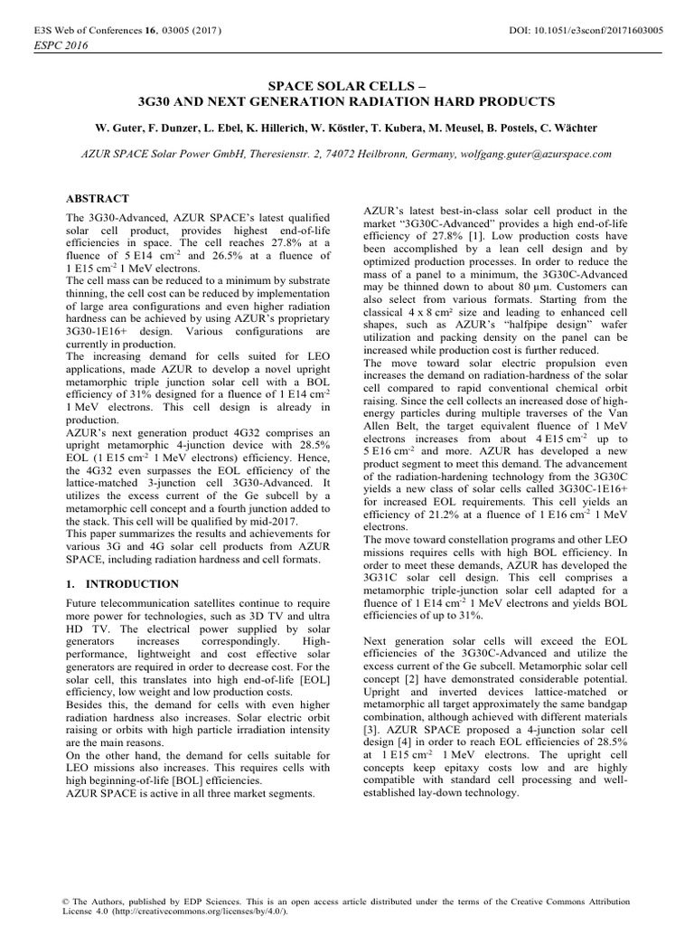 Space Solar Cells - 3G30 and Next Generation Radia | PDF