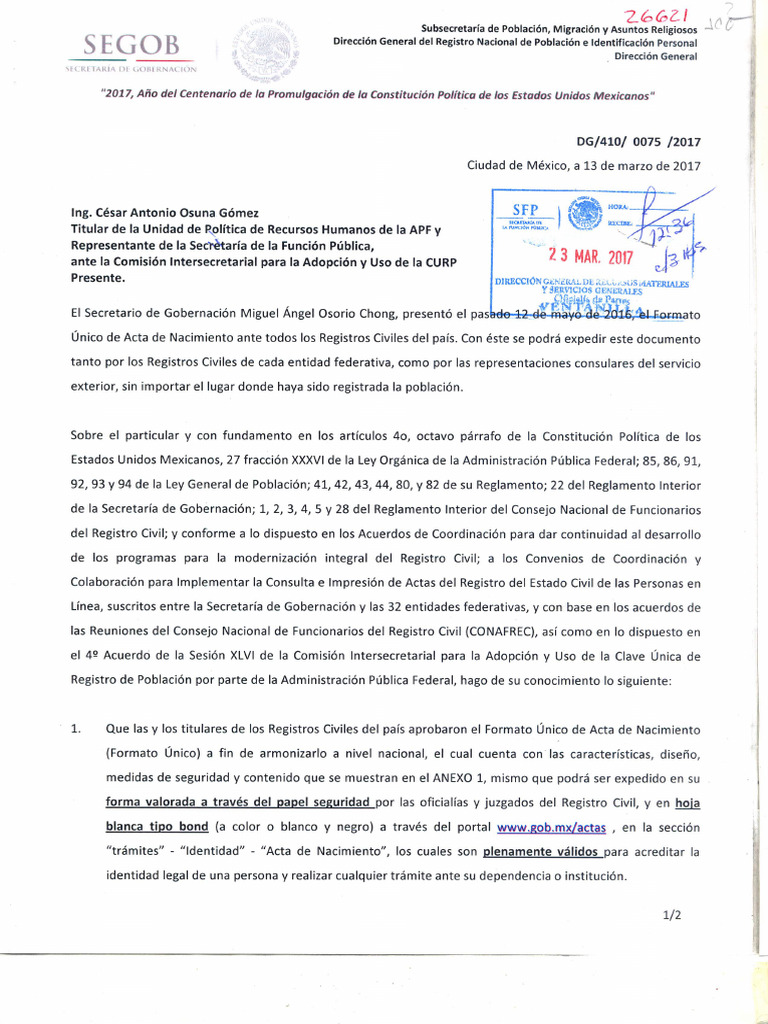 Oficio de Segob Dg-410-0075-2017 y Anexos | PDF