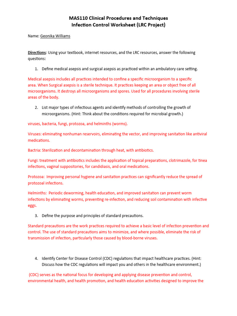MAS110 - Week 1 - Infection Control Worksheet 2 | PDF | Infection ...