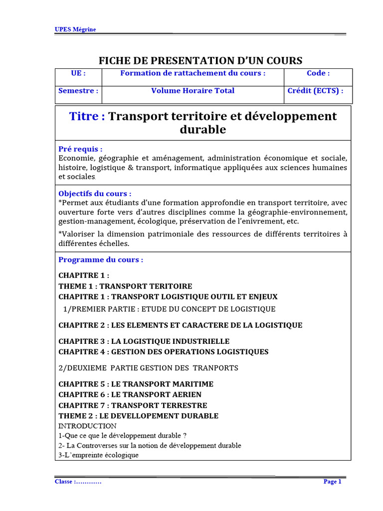 Fiche Matière Transport Teritoire Et Dev Durable | PDF