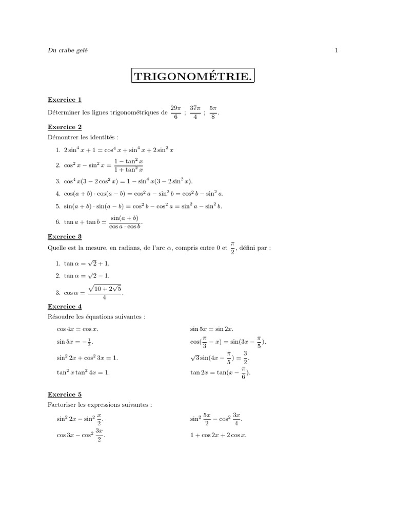 Exercices de trigonométrie avancés | PDF | Mathématiques ...