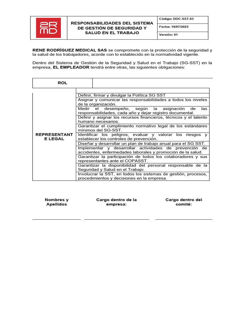 Doc-Sst-03 Acta de Roles Responsabilidades SG SST | PDF