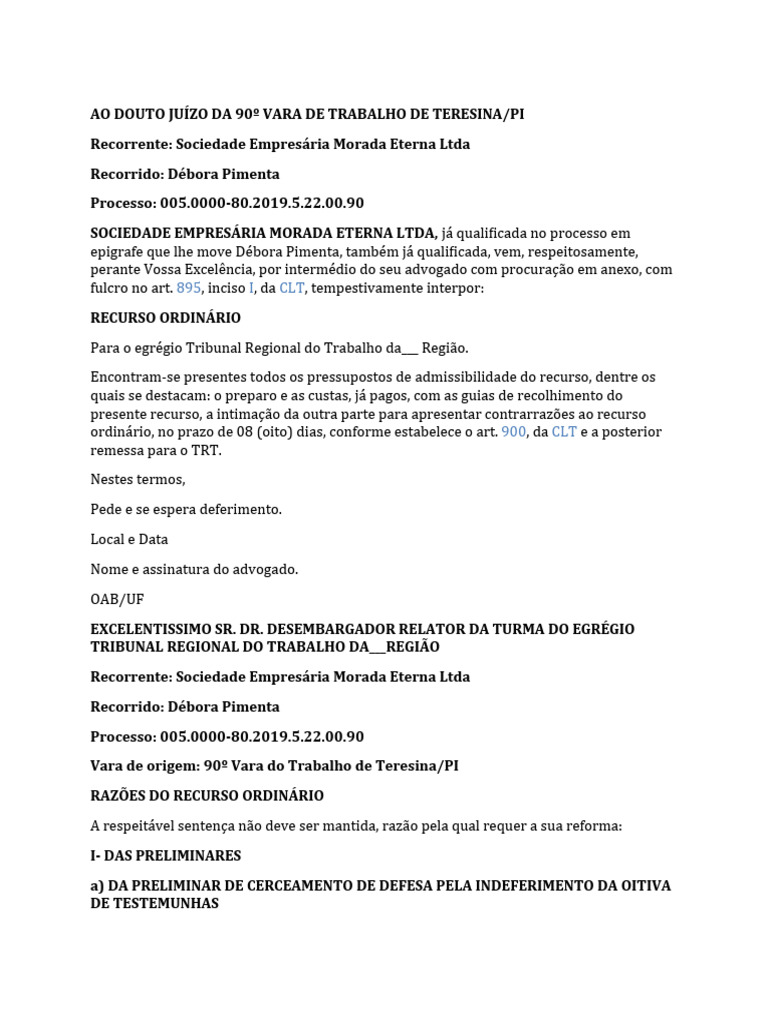 Modelo Recurso Ordinario Trabalhista | PDF