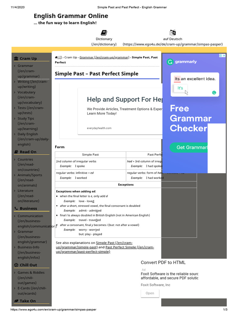 Simple Past vs. Past Perfect Grammar | PDF