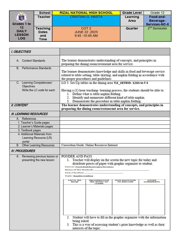 COT 2 Table Napkin | PDF | Learning | Teachers