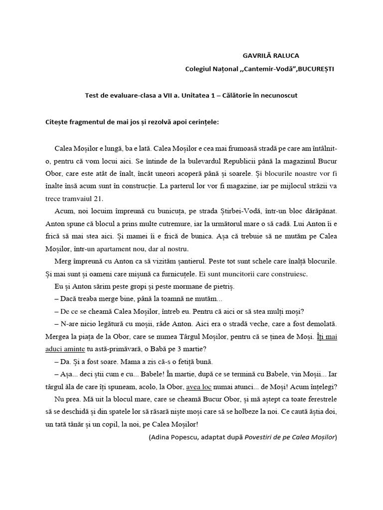 Test Româna Clasa A 7 A | PDF