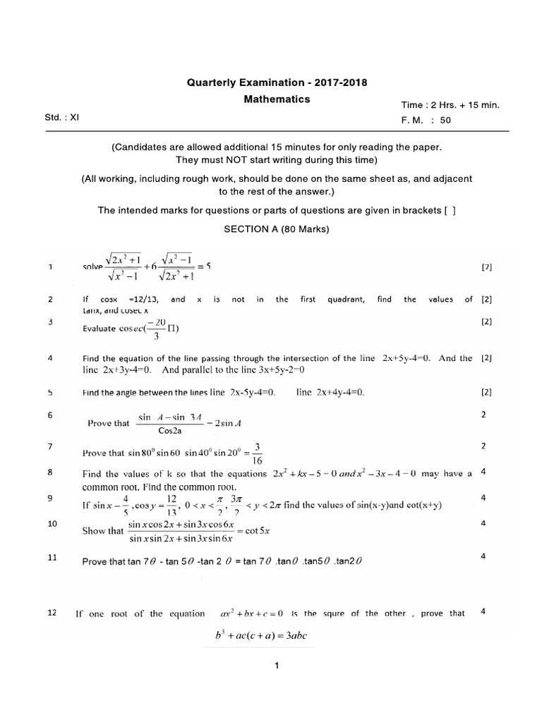 Isc Class 11 Qty Mathematics 2018 | PDF