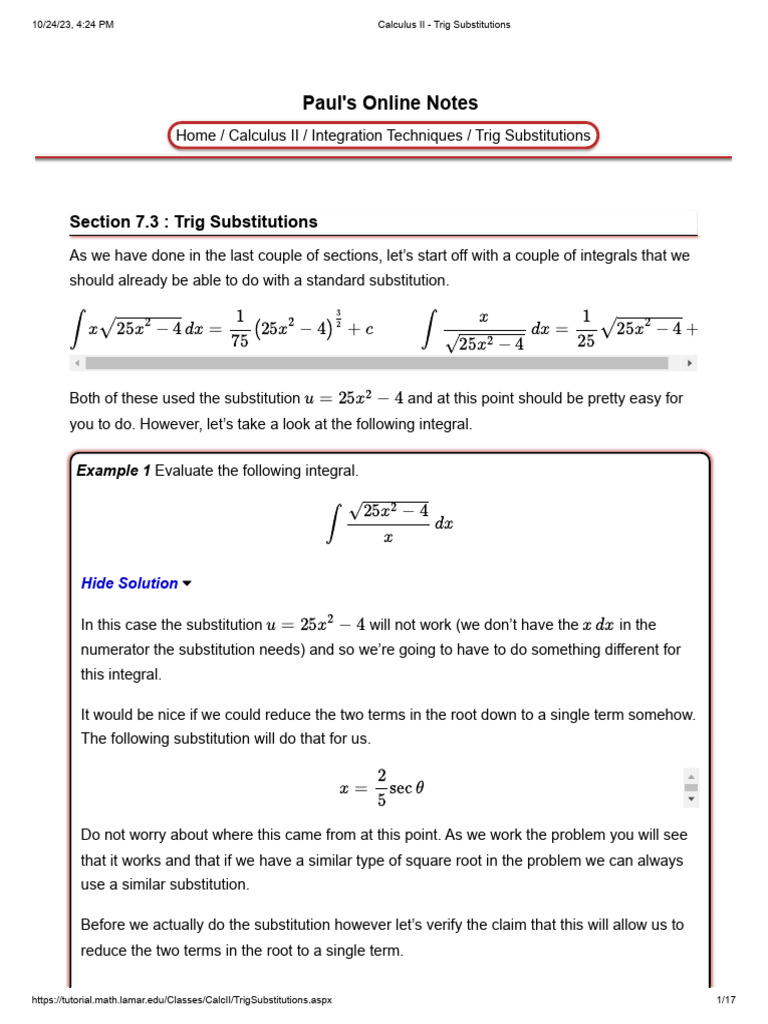 Calculus Ii Trig Substitutions Pdf