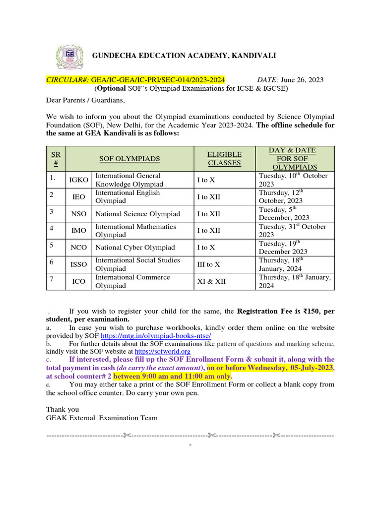 SOF Circular 2023-2024 | PDF