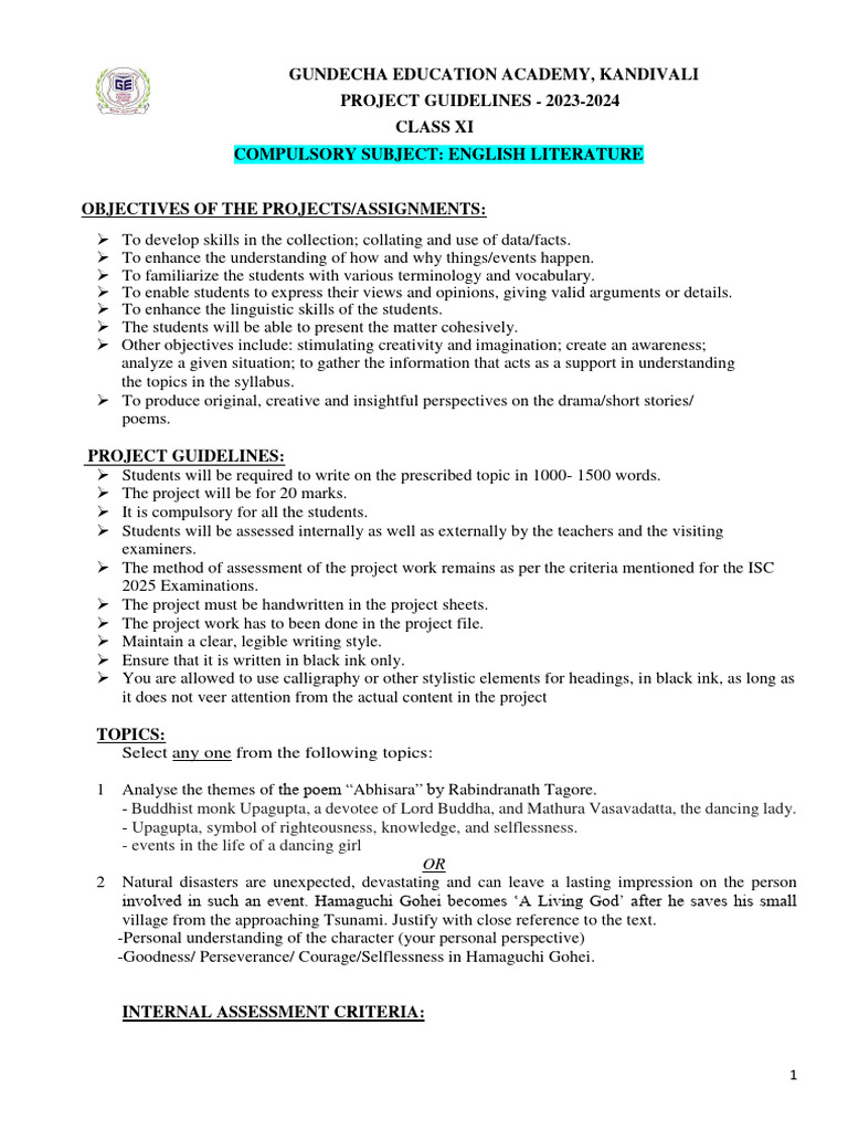 XI_ENGLISH_LITERATURE_PROJECT_GUIDELINES_-2023-24 | PDF | Knowledge ...