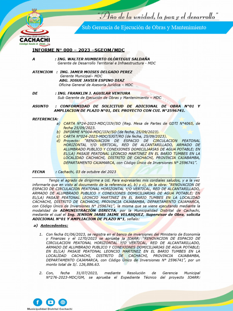 Informe N°000-2023 - Ampliacion de Plazo N°1 | PDF