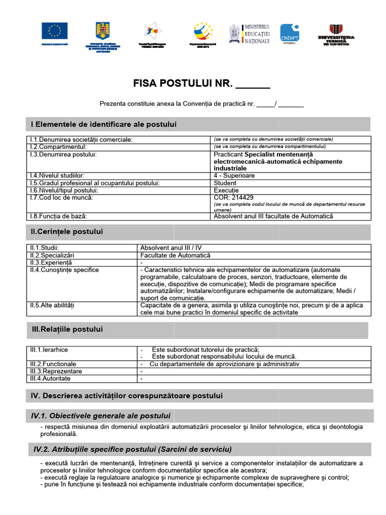Fisa Postului Specialist Mentenanta | PDF