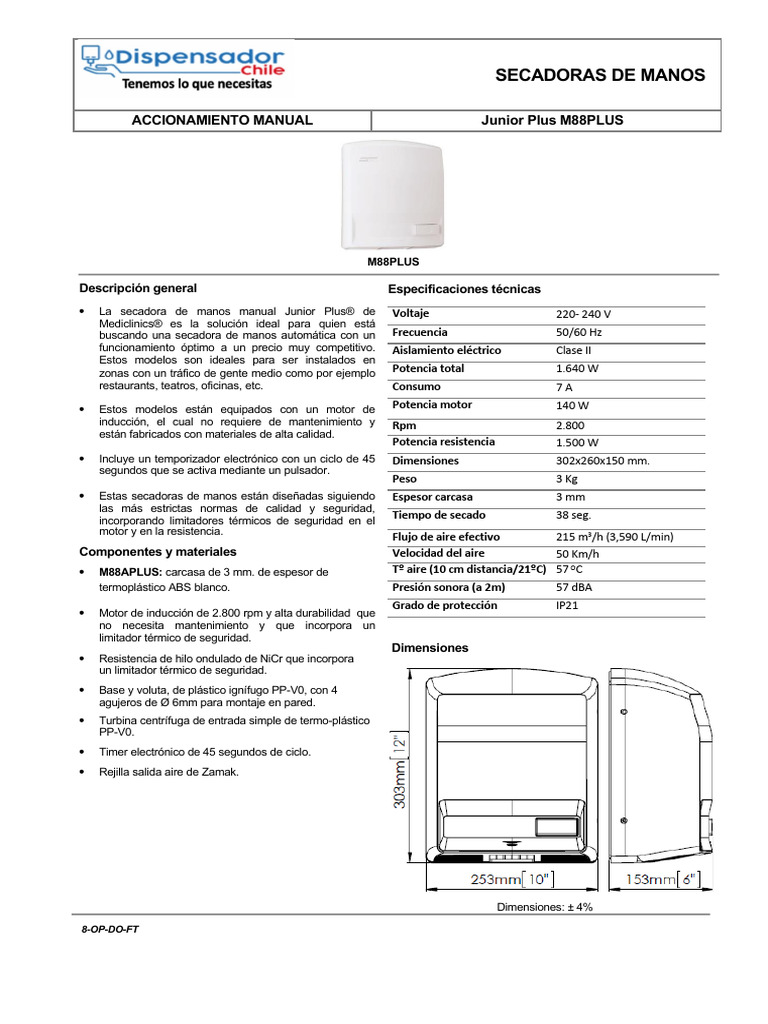 Ficha Tecnica Secador de Manos Manual Cod-M88plus | PDF