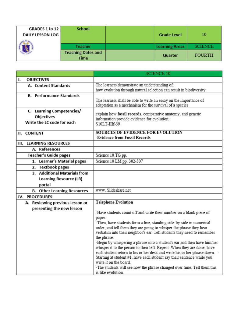 Lesson Plan On Evidence of Evolution (Fossil Records) | PDF