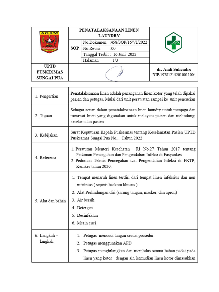 SOP Penatalaksanaan Linen Laundry Puskesmas | PDF