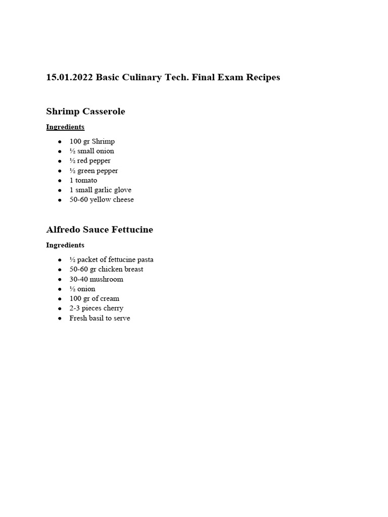 Basic Culinary Final Exam Meals and Weights | PDF
