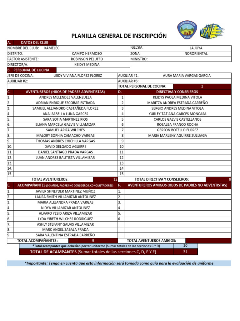 Planilla General de Inscripción Avn | PDF