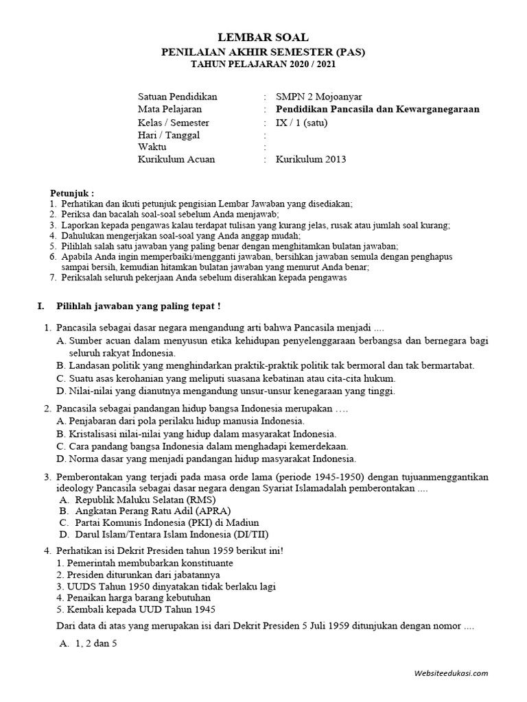 Soal PAS PKN Kelas 9 | PDF