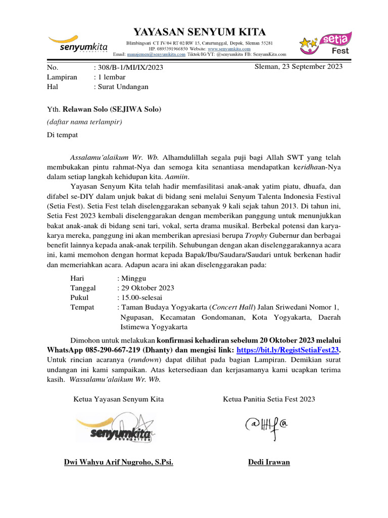 Undangan SETIA FEST 2023 - Relawan Solo (SEJIWA Solo) | PDF