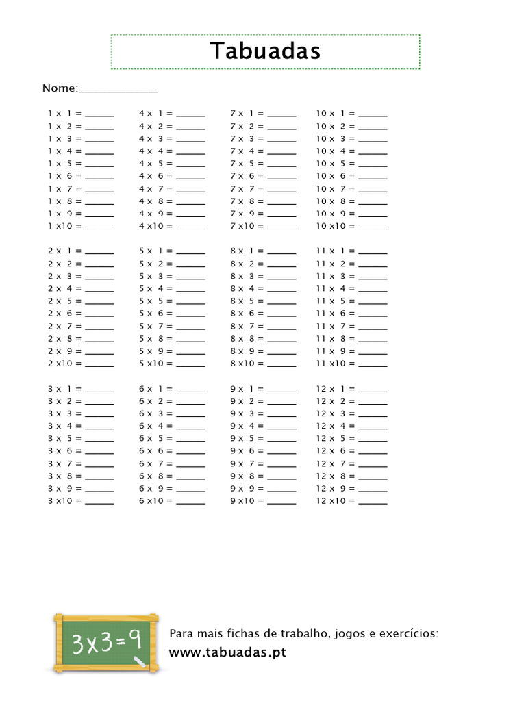 Trabalho-Tabuadas Até 12 | PDF