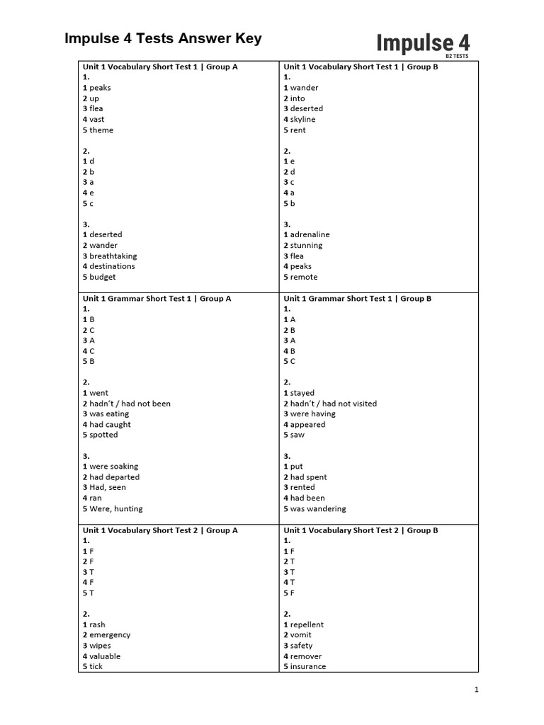 Impulse 4 Tests Answer Key | PDF