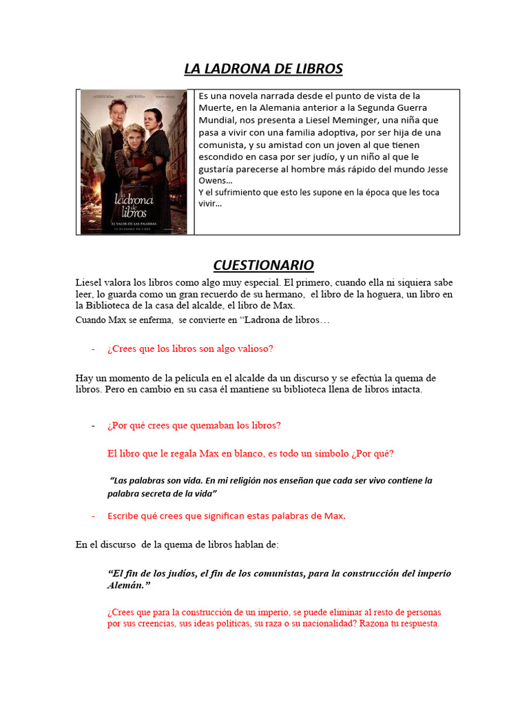 Cuestionario Ladrona de Libros 1 | PDF
