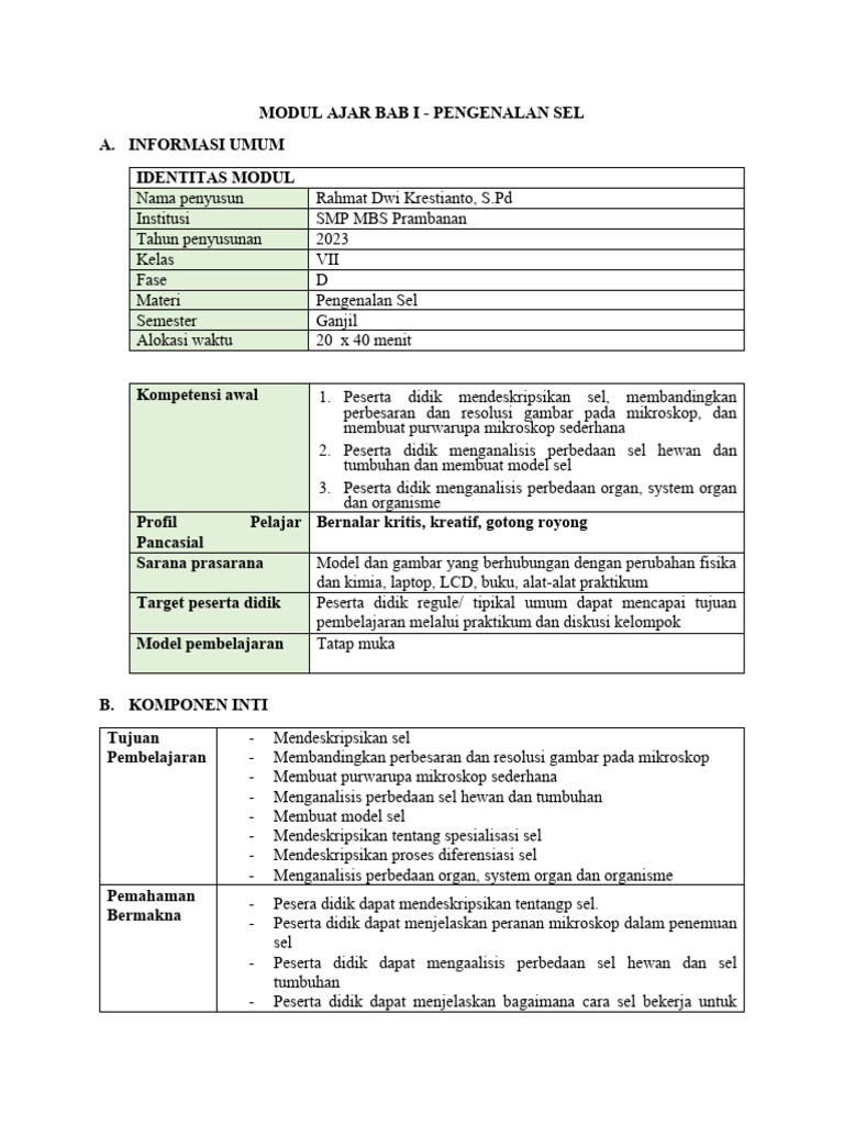 Modul Ajar - Pengenalan Sel - EnI SULICAH | PDF