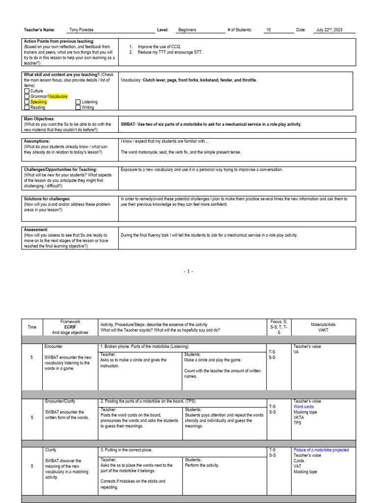 Vocabulary Sample Class - Lesson Plan | PDF