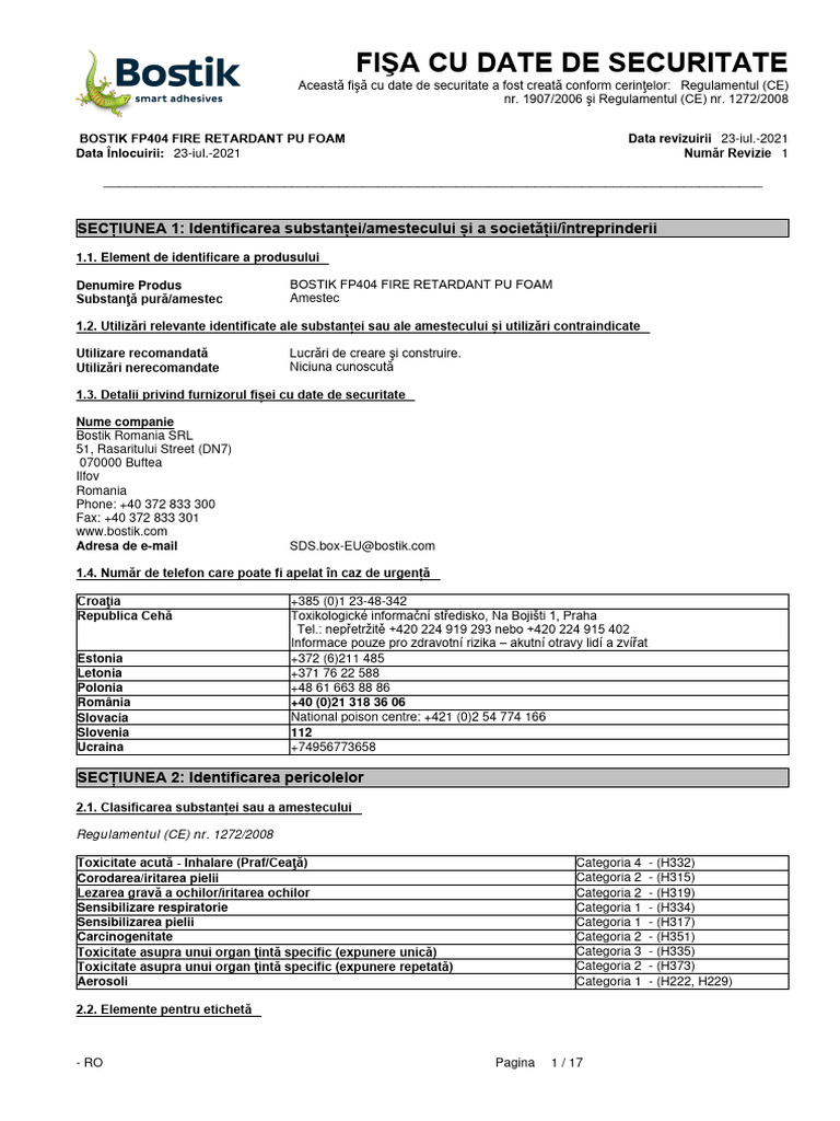 Fisa Securitate Bostik Fp404 Fire Retardant Pu Foam Manual | PDF Fisa Securitate Bostik Fp404 Fire Retardant Pu Foam Manual | PDF