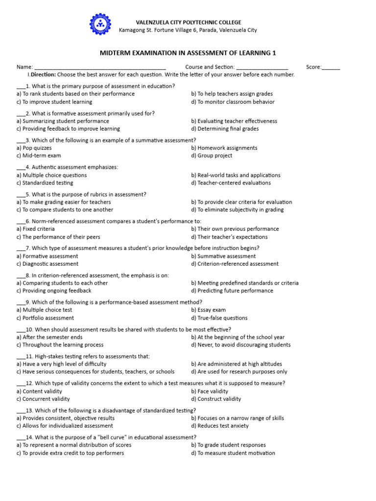 MIDTERM Exam Assessment 1 | PDF