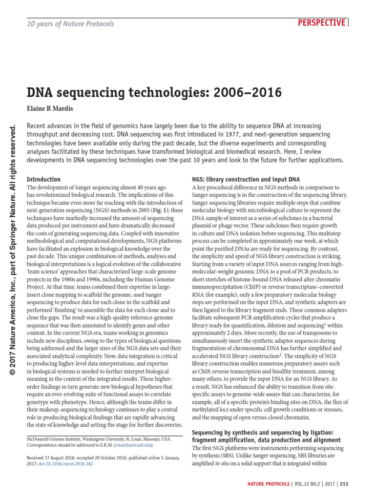 DNA Sequencing Technologies: 2006-2016: 10 Years of Nature Protocols | PDF