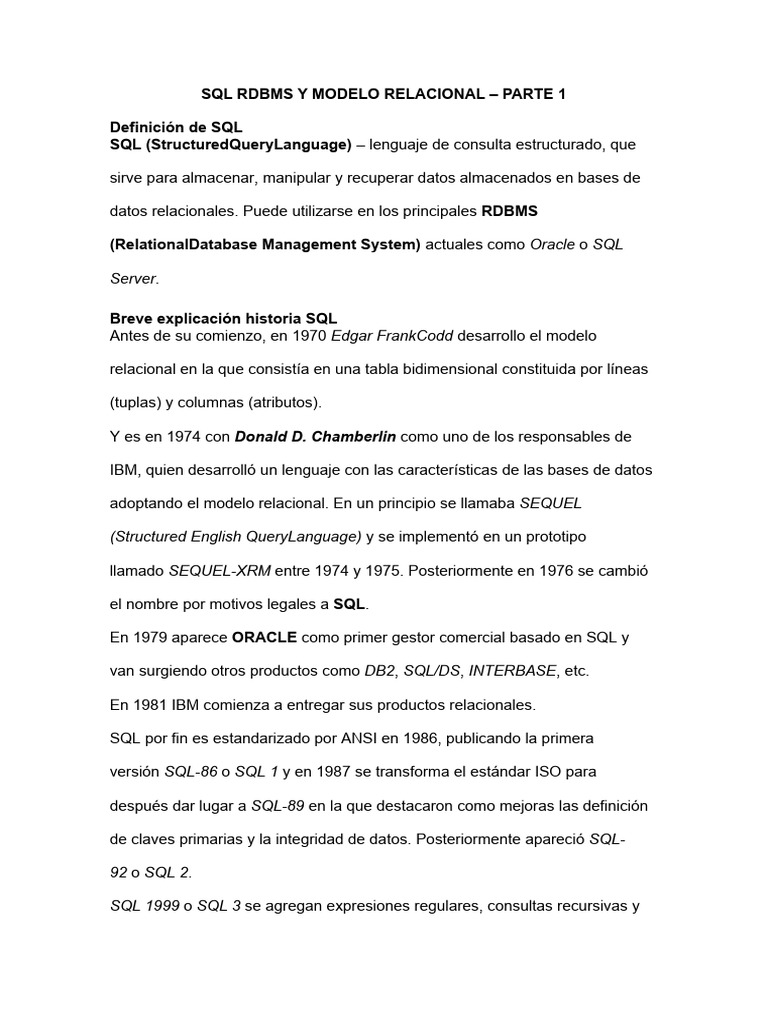Introducción a SQL y RDBMS | PDF | SQL | Base de datos relacional